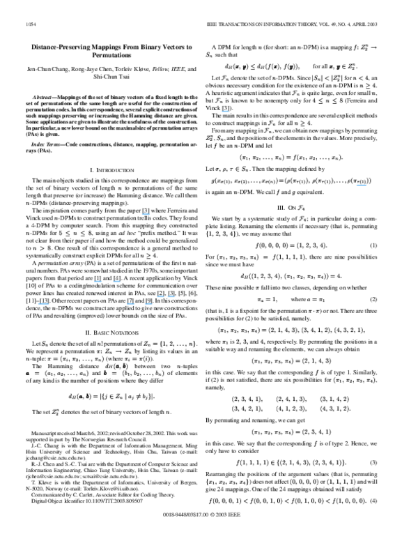 (PDF) Distance-preserving mappings from binary vectors to permutations