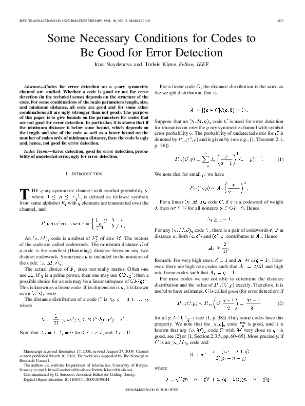(PDF) Some Necessary Conditions for Codes to Be Good for Error Detection