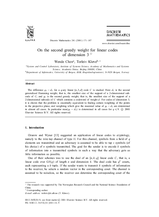 Pdf On The Second Greedy Weight For Linear Codes Of Dimension 3