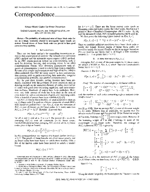 Pdf Linear Block Codes For Error Detection Corresp