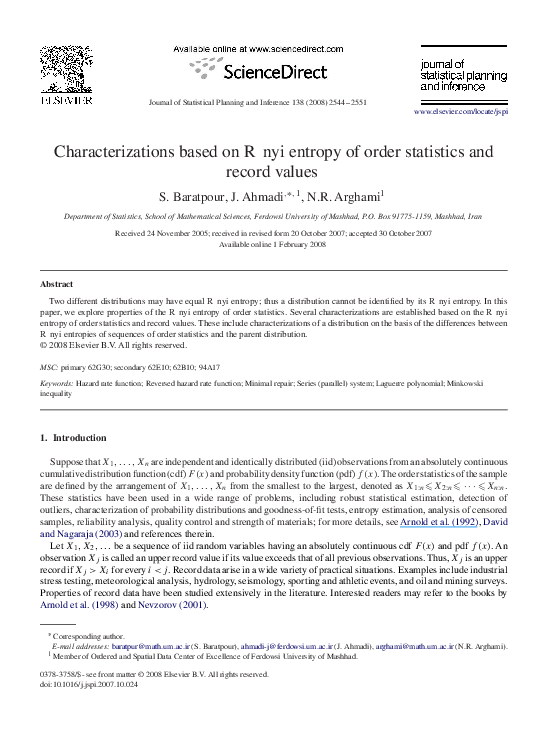Pdf Characterizations Based On Rényi Entropy Of Order Statistics And