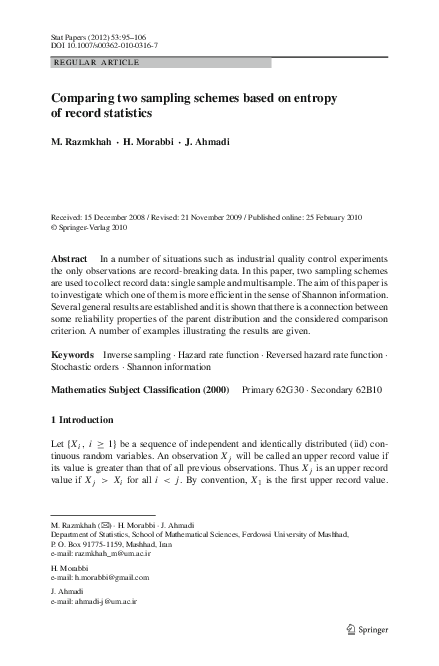 Pdf Comparing Two Sampling Schemes Based On Entropy Of Record Statistics