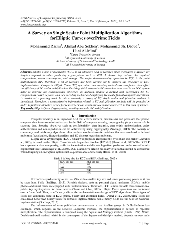 Pdf A Survey On Single Scalar Point Multiplication Algorithms Forelliptic Curves Overprime Fields