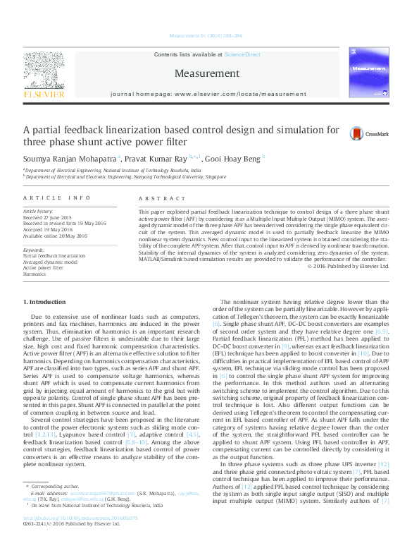 Pdf A Partial Feedback Linearization Based Control Design And Simulation For Three Phase Shunt