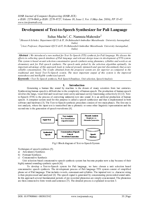 (PDF) Development of Text-to-Speech Synthesizer for Pali Language