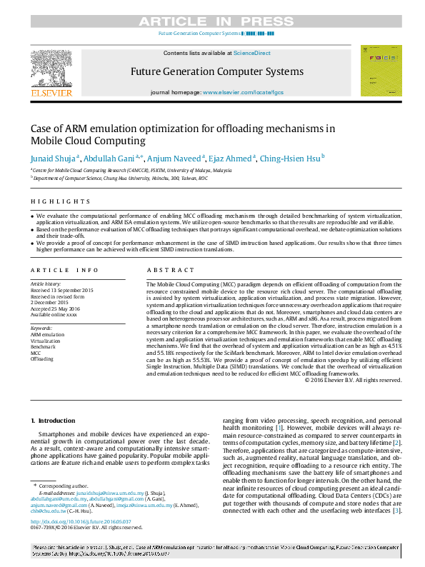 (PDF) Case of ARM Emulation Optimization for Offloading Mechanisms in Mobile Cloud Computing