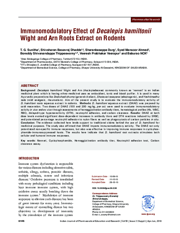 (PDF) Immunomodulatory Effect of Decalepis hamiltonii Wight and Arn ...
