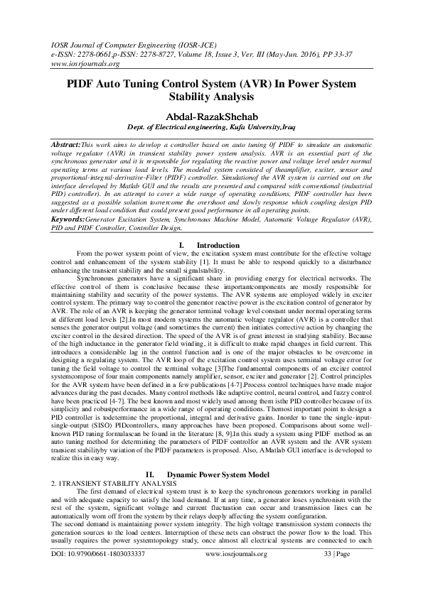 (PDF) PIDF Auto Tuning Control System (AVR) In Power System Stability Analysis