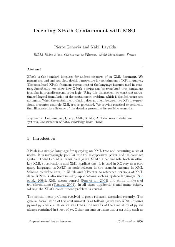 (PDF) Deciding XPath containment with MSO | Nabil Layaïda - Academia.edu