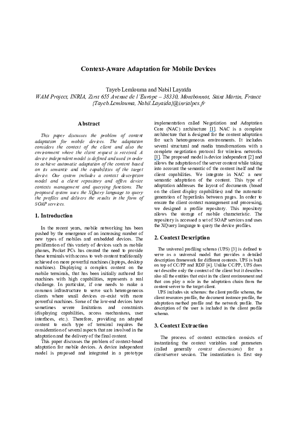 (PDF) Context-aware adaptation for mobile devices