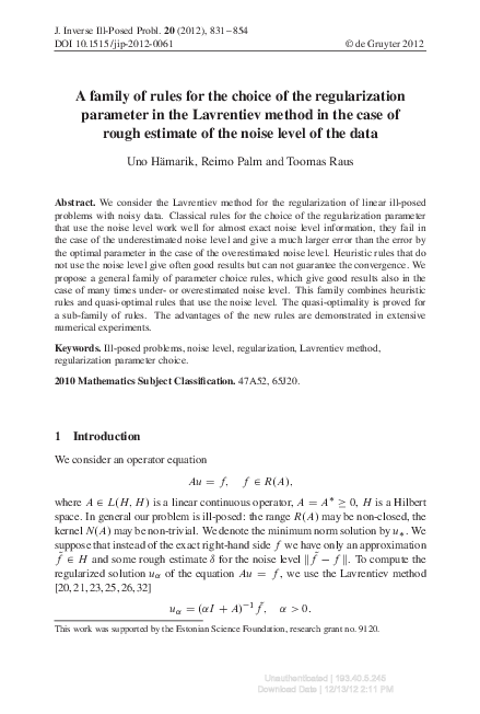 (PDF) A family of rules for the choice of the regularization parameter in the Lavrentiev method ...