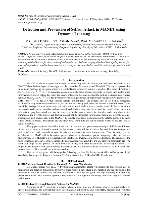 (PDF) Detection and Prevention of Selfish Attack in MANET using Dynamic Learning