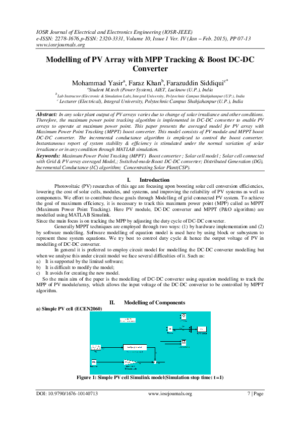 Pdf Modelling Of Pv Array With Mpp Tracking And Boost Dc Dc Converter