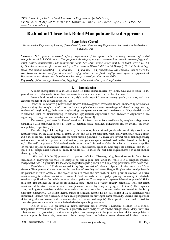 Pdf Redundant Three Link Robot Manipulator Local Approach