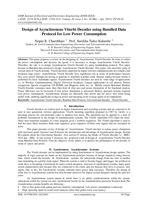 Pdf Design Of Asynchronous Viterbi Decoder Using Bundled Data
