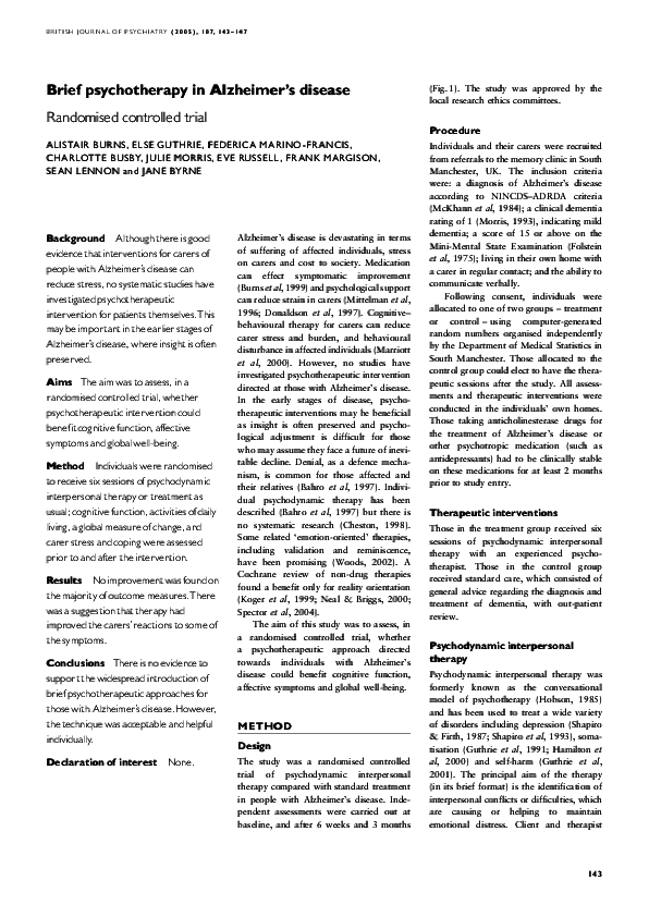 (PDF) Brief psychotherapy in Alzheimer's disease: Randomised controlled ...