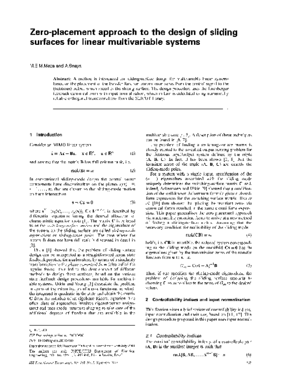 (PDF) Zero-placement approach to the design of sliding surfaces for linear multivariable systems