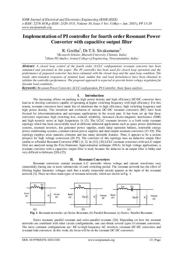 Pdf Implementation Of Pi Controller For Fourth Order Resonant Power Converter With Capacitive