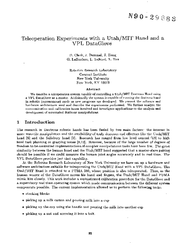 (PDF) 3 Teleoperation Experiments with a Utah/MIT Hand and a VPL ...
