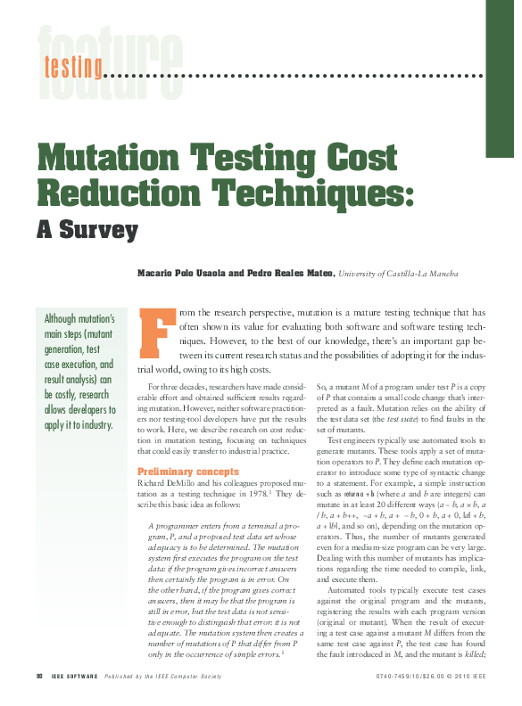 Pdf Mutation Testing Cost Reduction Techniques A Survey