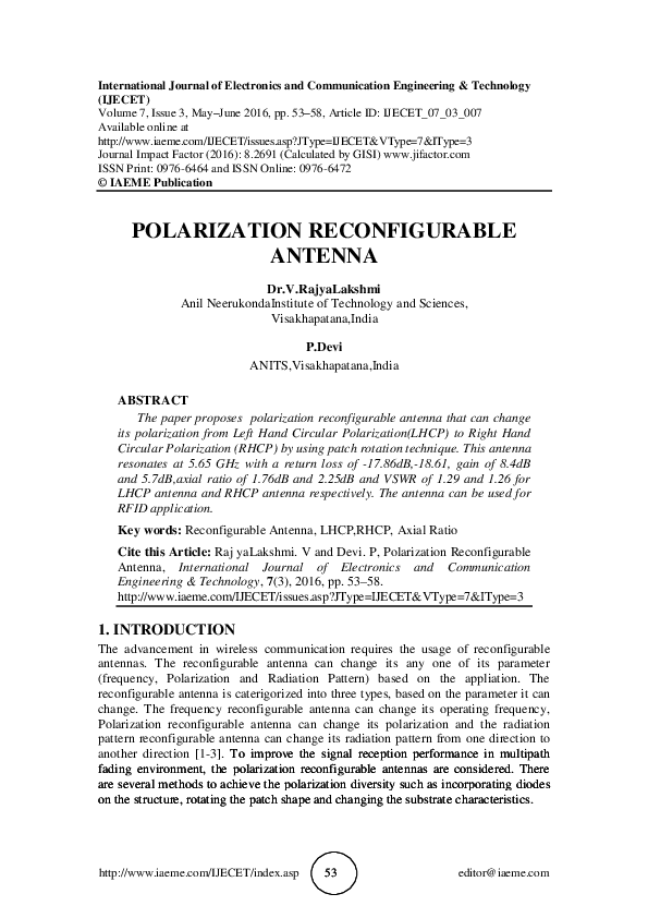 (PDF) POLARIZATION RECONFIGURABLE ANTENNA (PDF) POLARIZATION RECONFIGURABLE ANTENNA