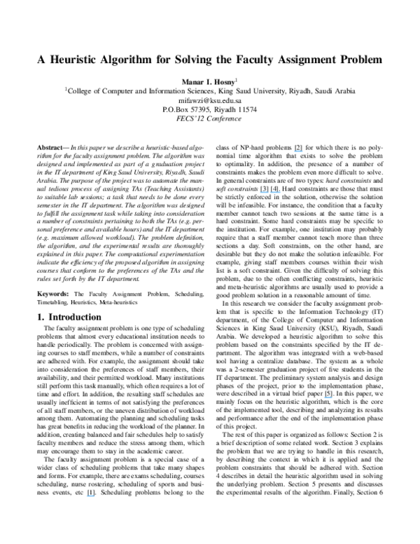 Pdf A Heuristic Algorithm For The Faculty Assignment Problem