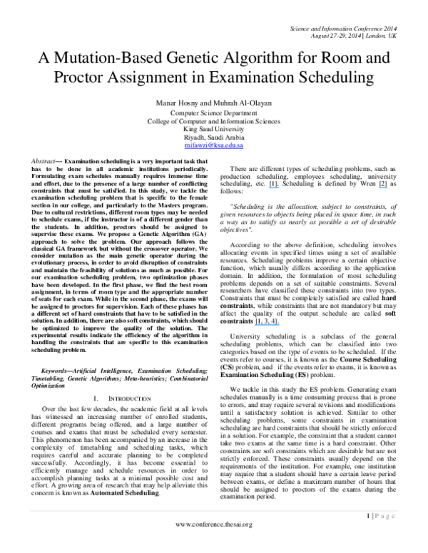 Pdf A Mutation Based Genetic Algorithm For Room And Proctor Assignment In Examination Scheduling
