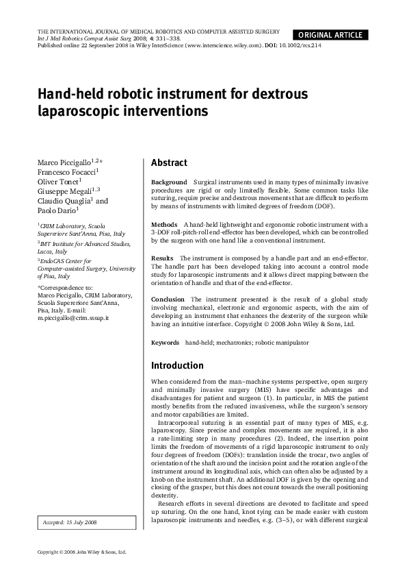 (PDF) Hand-held robotic instrument for dextrous laparoscopic interventions