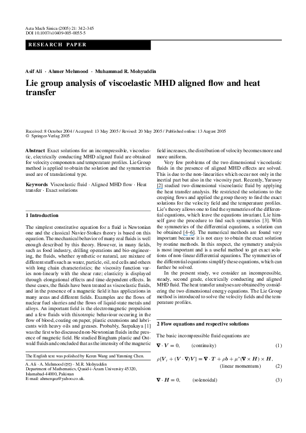 (PDF) Lie group analysis of viscoelastic MHD aligned flow and heat transfer