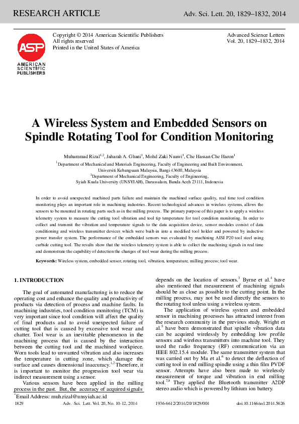 (PDF) A Wireless System and Embedded Sensors on Spindle Rotating Tool for Condition Monitoring