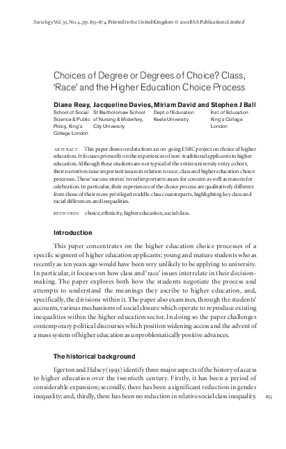 (PDF) Choices of Degree or Degrees of Choice? Class, ‘Race’ and the ...