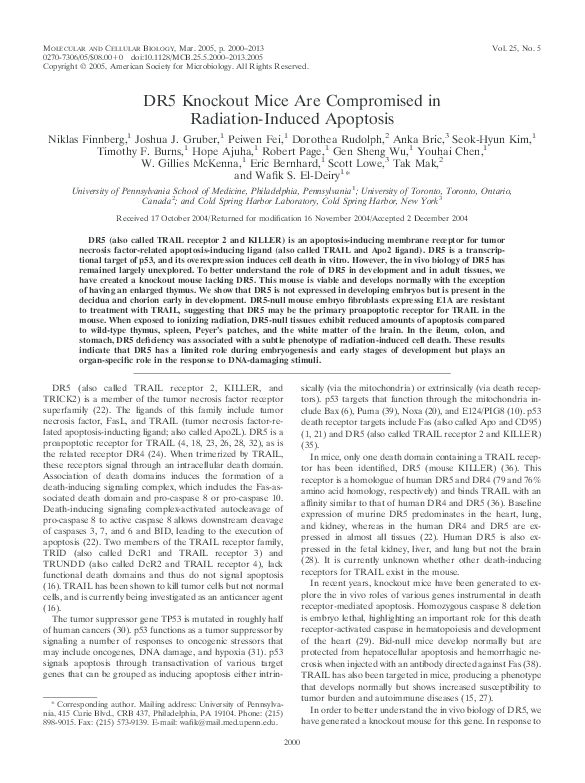 (PDF) DR5 Knockout Mice Are Compromised in Radiation-Induced Apoptosis | Joshua Gruber ...