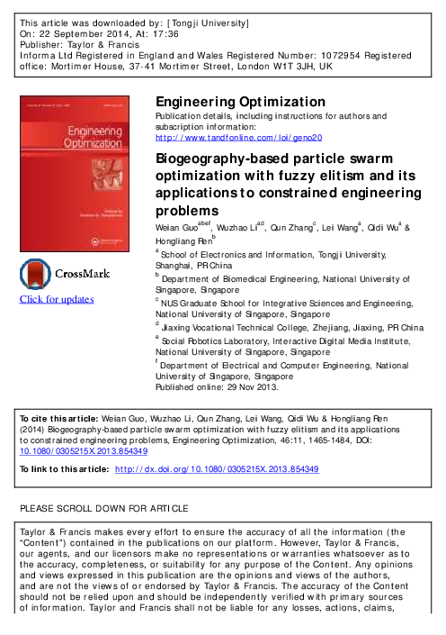 (PDF) Biogeography-based particle swarm optimization with fuzzy elitism and its applications to ...