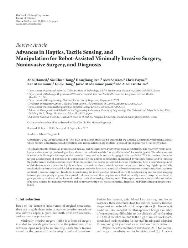 Pdf Advances In Haptics Tactile Sensing And Manipulation For Robot Assisted Minimally