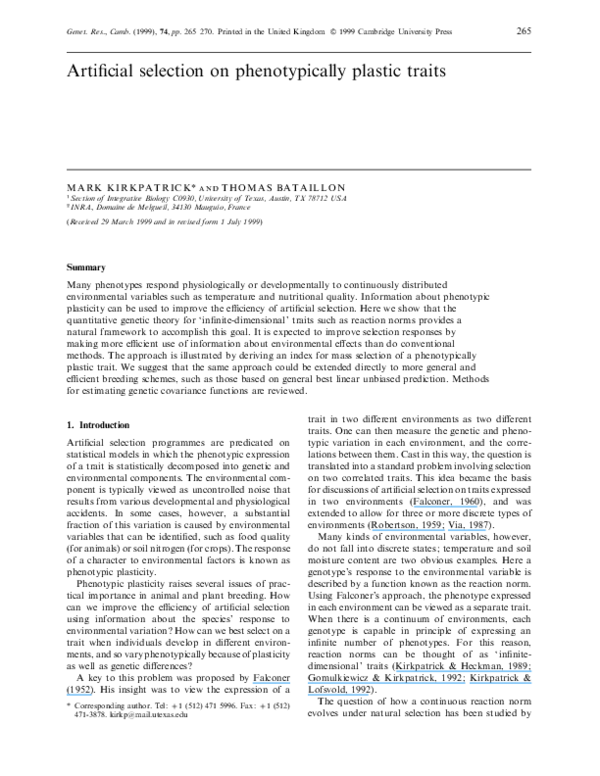 (PDF) Artificial selection on phenotypically plastic traits | T ...