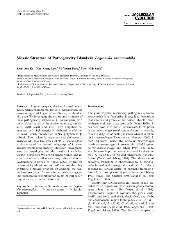 (PDF) Mosaic Structure of Pathogenicity Islands in Legionella pneumophila