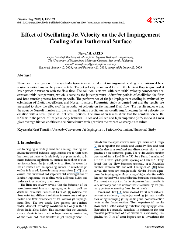 (PDF) Effect of Oscillating Jet Velocity on the Jet Impingement Cooling ...