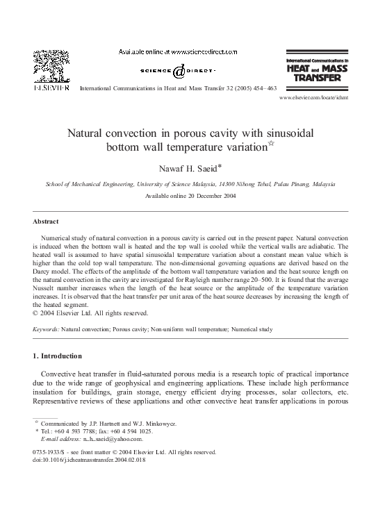 (PDF) Numerical analysis of natural convection for a porous rectangular ...