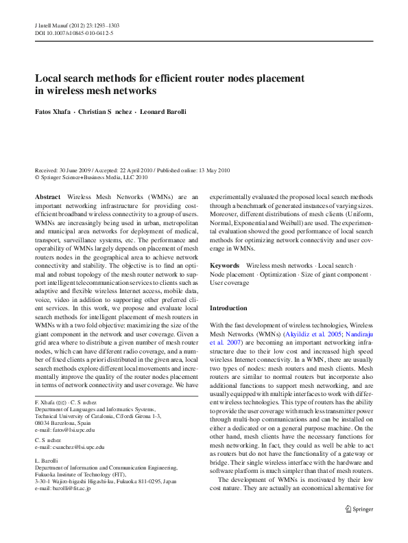 Pdf Local Search Methods For Efficient Router Nodes Placement In