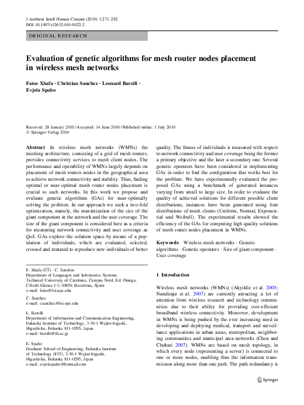 (PDF) Evaluation of genetic algorithms for mesh router nodes placement in wireless mesh networks