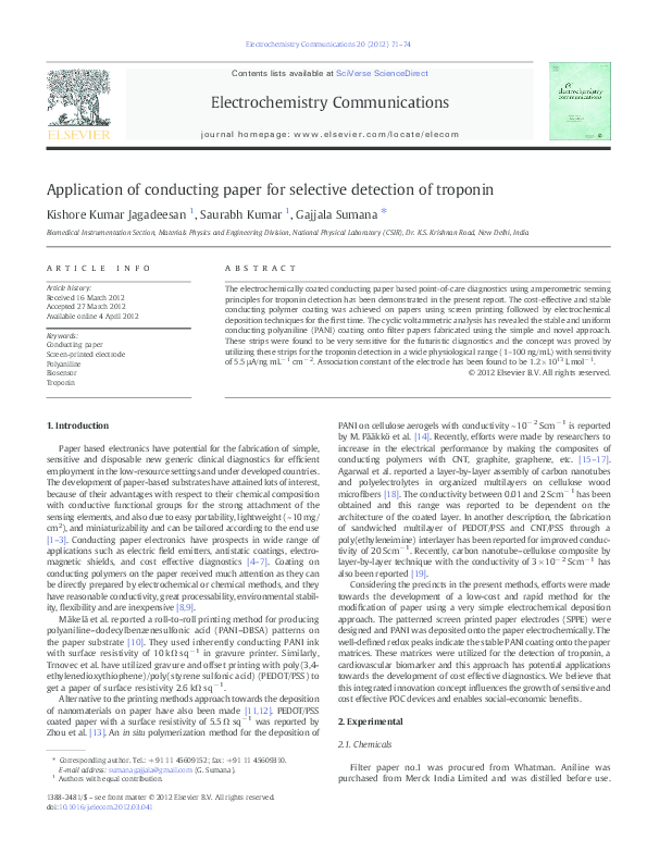 (PDF) Application of conducting paper for selective detection of troponin