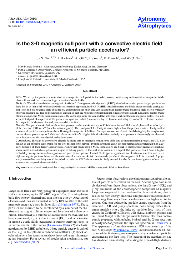 (PDF) Is the 3-D magnetic null point with a convective electric field an efficient particle ...