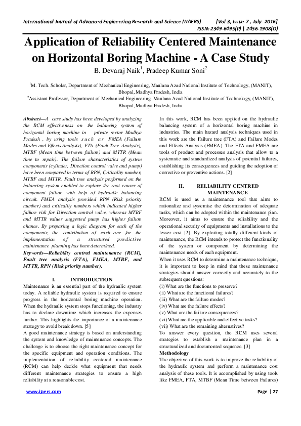 (PDF) Application of Reliability Centered Maintenance on Horizontal Boring Machine -A Case Study