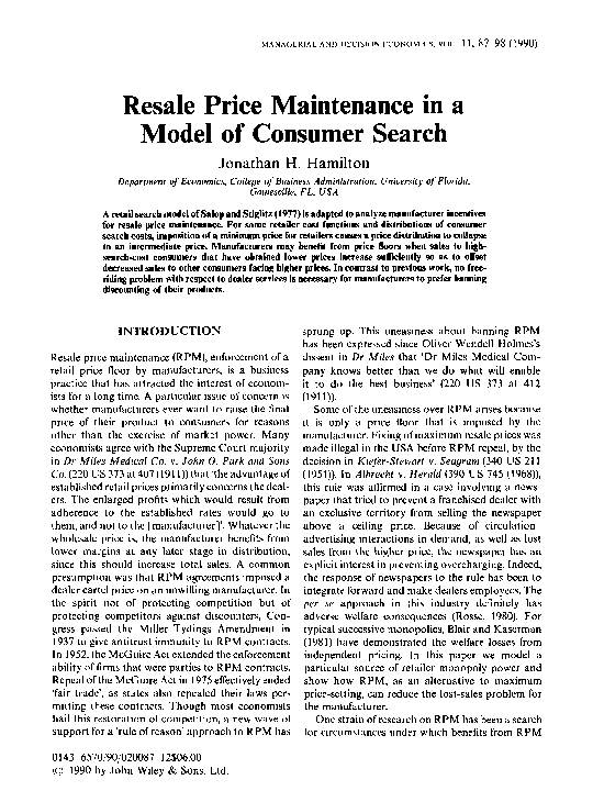 (PDF) Resale price maintenance in a model of consumer search