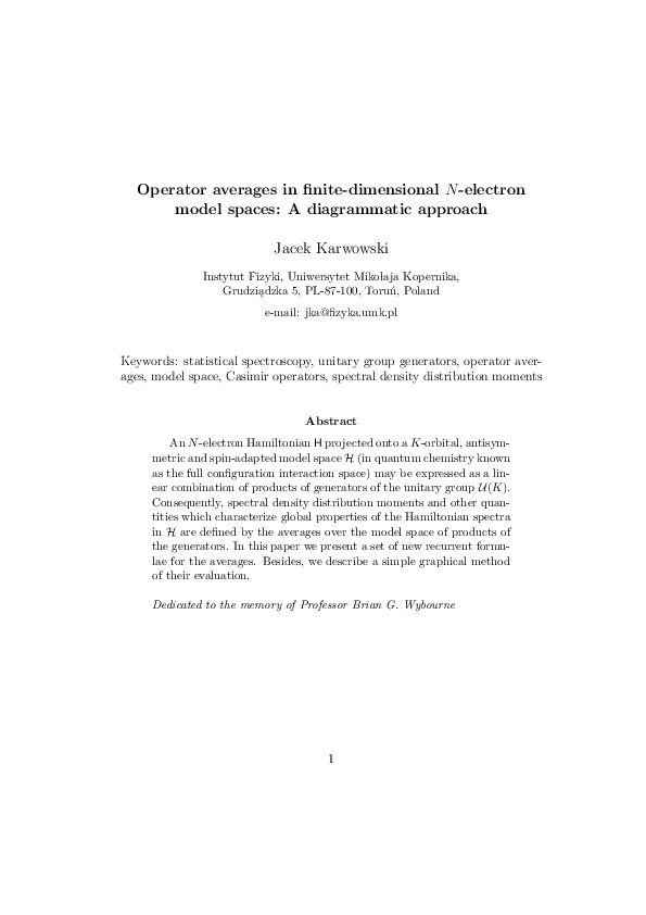 Pdf Operator Averages In Finite Dimensional N Electron Model Spaces
