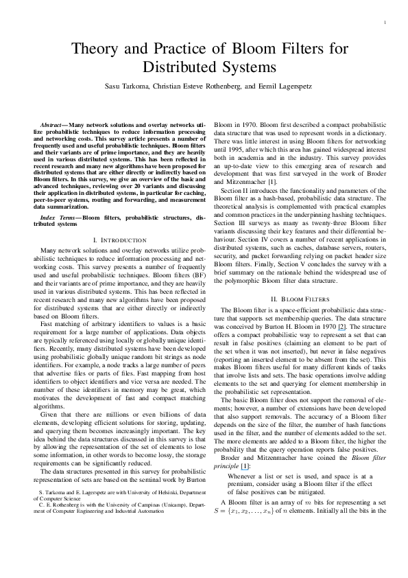 (PDF) Theory and Practice of Bloom Filters for Distributed Systems