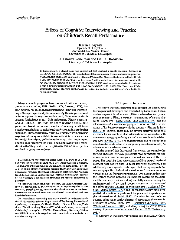 (PDF) Effects of cognitive interviewing and practice on children's ...
