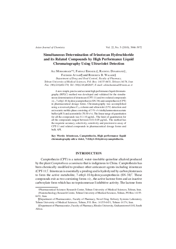 (PDF) Simultaneous determination of irinotecan hydrochloride and its related compounds by high ...