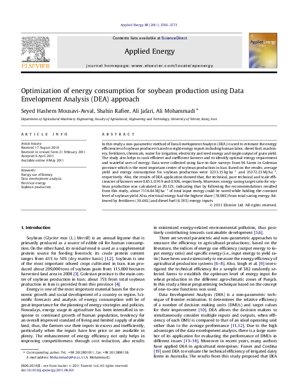 Pdf Optimization Of Energy Consumption For Soybean Production Using Data Envelopment Analysis