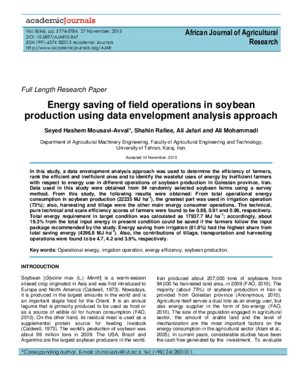 Pdf Energy Saving Of Field Operations In Soybean Production Using Data Envelopment Analysis